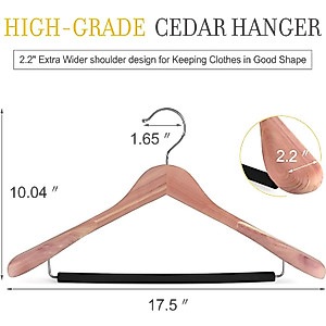 TOPIA HANGER American Red Cedar Wide Shoulder Wooden Hangers 8 Pack, Luxury Wood Suit Coat Hangers with Black Padded Pant Bar-360° Swivel Chrome Hook, Natural- CT07W-8
