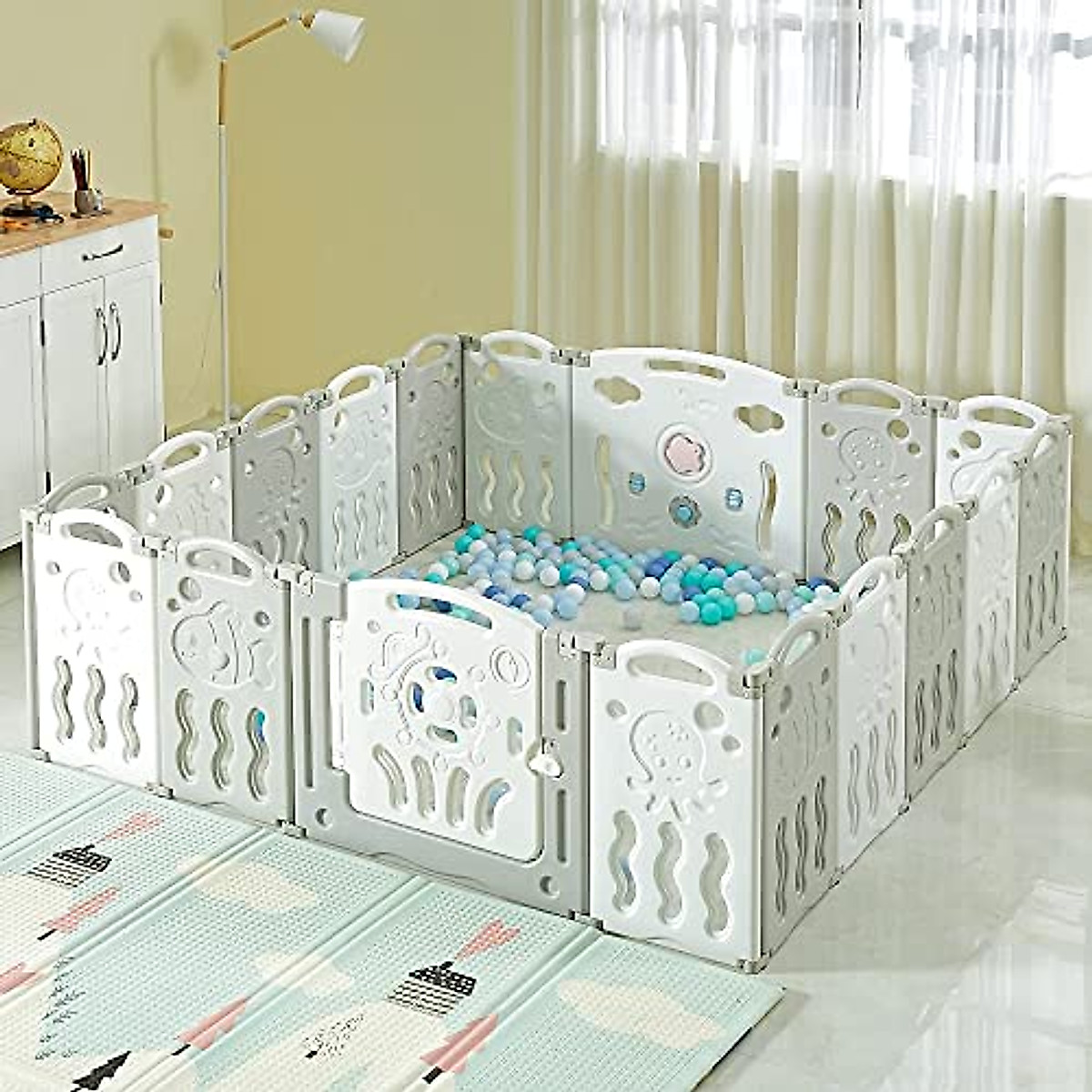 Albott Baby Fence Kid Playpen 18 Panel Play Yard - Foldable Kids Safety Activity Center Playard Lock Gate,Adjustable Shape, Portable Design for Indoor Outdoor Use (18 Panel, Grey+White)
