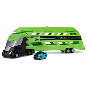 Micro Machines Mini Vehicle Hauler in Green - Includes One Exclusive MM Car - Open The Top of The Trailer/Lower The Back Ramp, Load Up to Eight Cars - Collect Them All