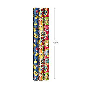 Hallmark Pokémon Wrapping Paper with Cutlines on Reverse (3 Rolls: 60 Sq. Ft. Ttl) with Pikachu, Charmander, Bulbasaur for Birthdays, Kids Parties, Gamers, Christmas Gifts