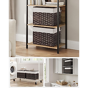 SONGMICS Storage Basket with Lid, 9.2 Gallon (35L) Storage Bin, Woven Blanket Storage Basket with Handles, Foldable, Removable Liner, Metal Frame, for Bedroom, Laundry Room, Brown URST040K01