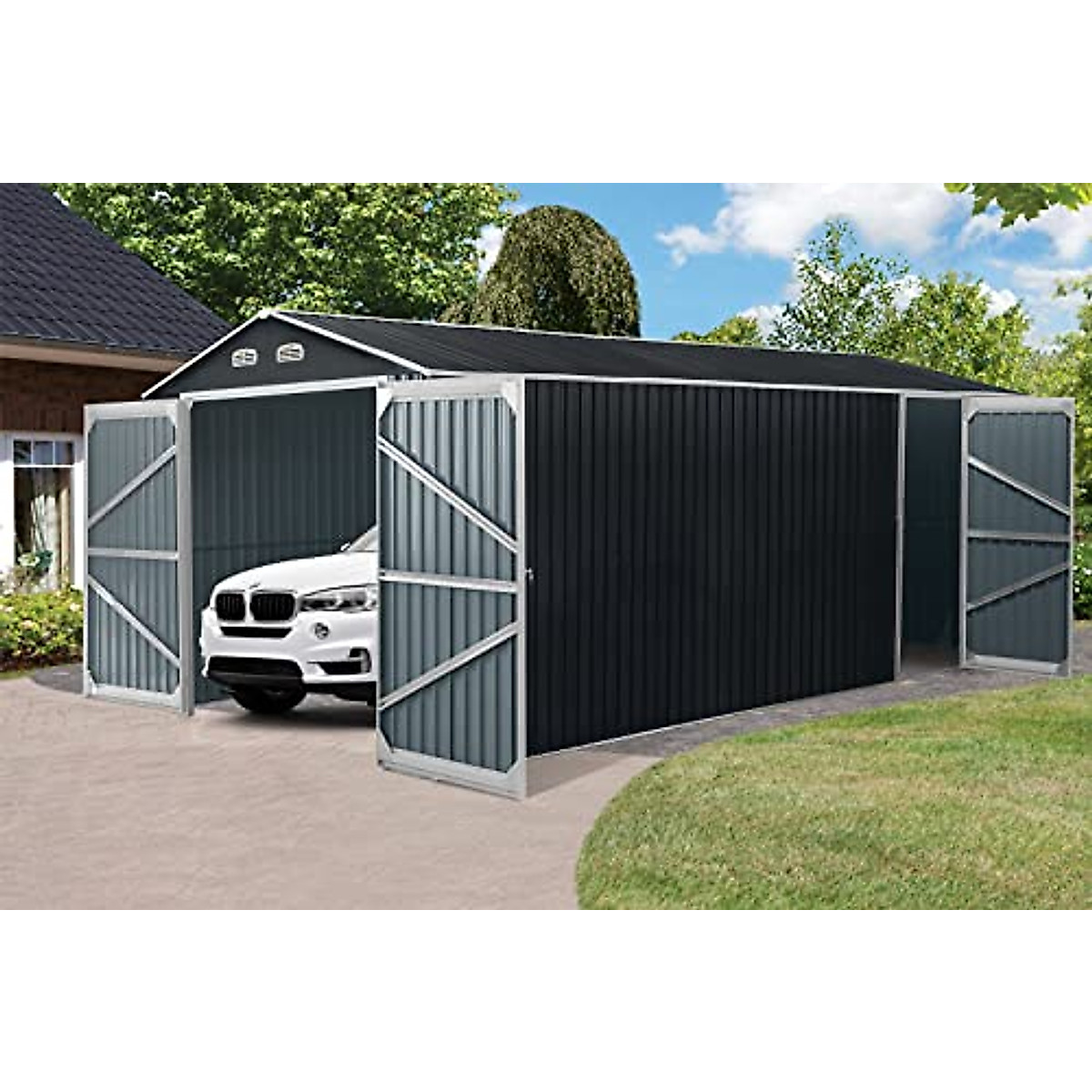Outdoor Storage Shed 20x10 FT, Metal Garden Shed for Car,Truck,Bike, Garbage Can, Tool, Lawnmower, Outdoor Storage Galvanized Steel with Lockable Door for Backyard, Patio, Lawn