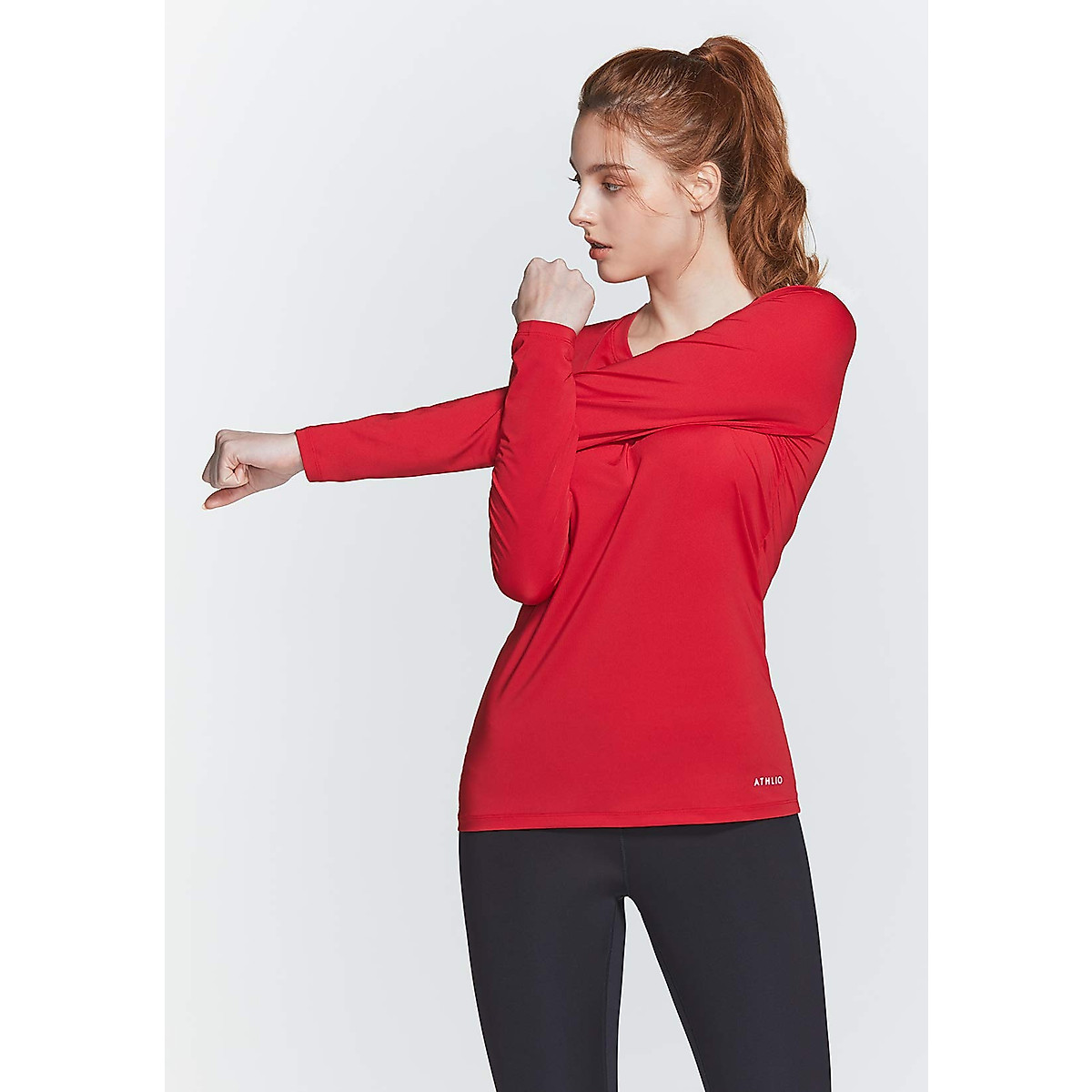 ATHLIO Women's UPF 50+ Long Sleeve Workout Shirts, UV Sun Protection Running Shirt, Dry Fit Athletic Tops, Round Neck 3pack Shirts Teal/White/Red, Large