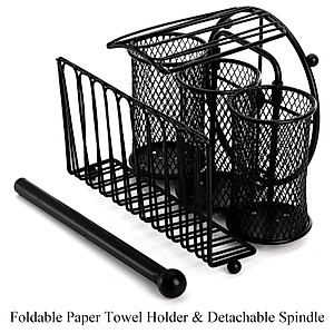 Elsjoy Metal Utensil Caddy with Paper Towel Holder, Picnic Caddy Silverware Organizer, Flatware Caddy Buffet Storage Caddy for Plates, Cutlery, Pull-Out Handle