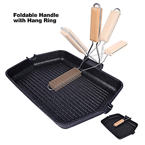 CAMPMAX Grill Pan with Folding Handle, Non-stick Grill Pan for Stove Tops, Induction Compatible KBBQ Grill Pan 14.5x9.9”