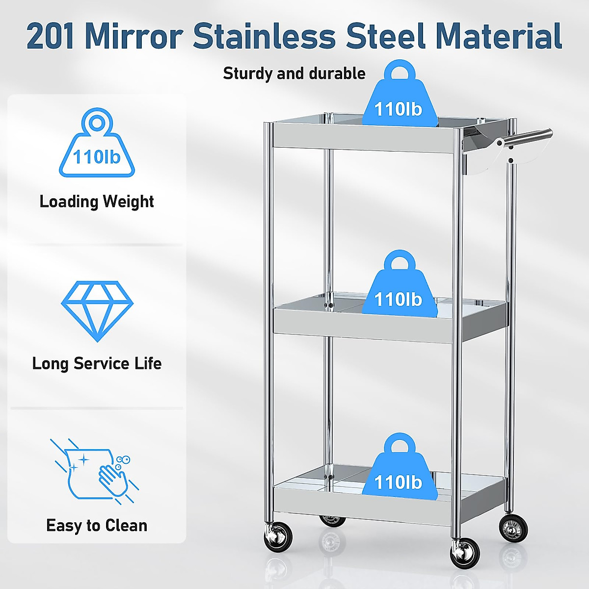 johgee 3 Shelf Mirror Stainless Steel Utility Cart, 3 Tier Stainless Steel Cart with Wheels with Handle, Serving Car, Rolling Medical Cart for Salon, Spa, Lab, Dental Clinic, Lab, Hospital