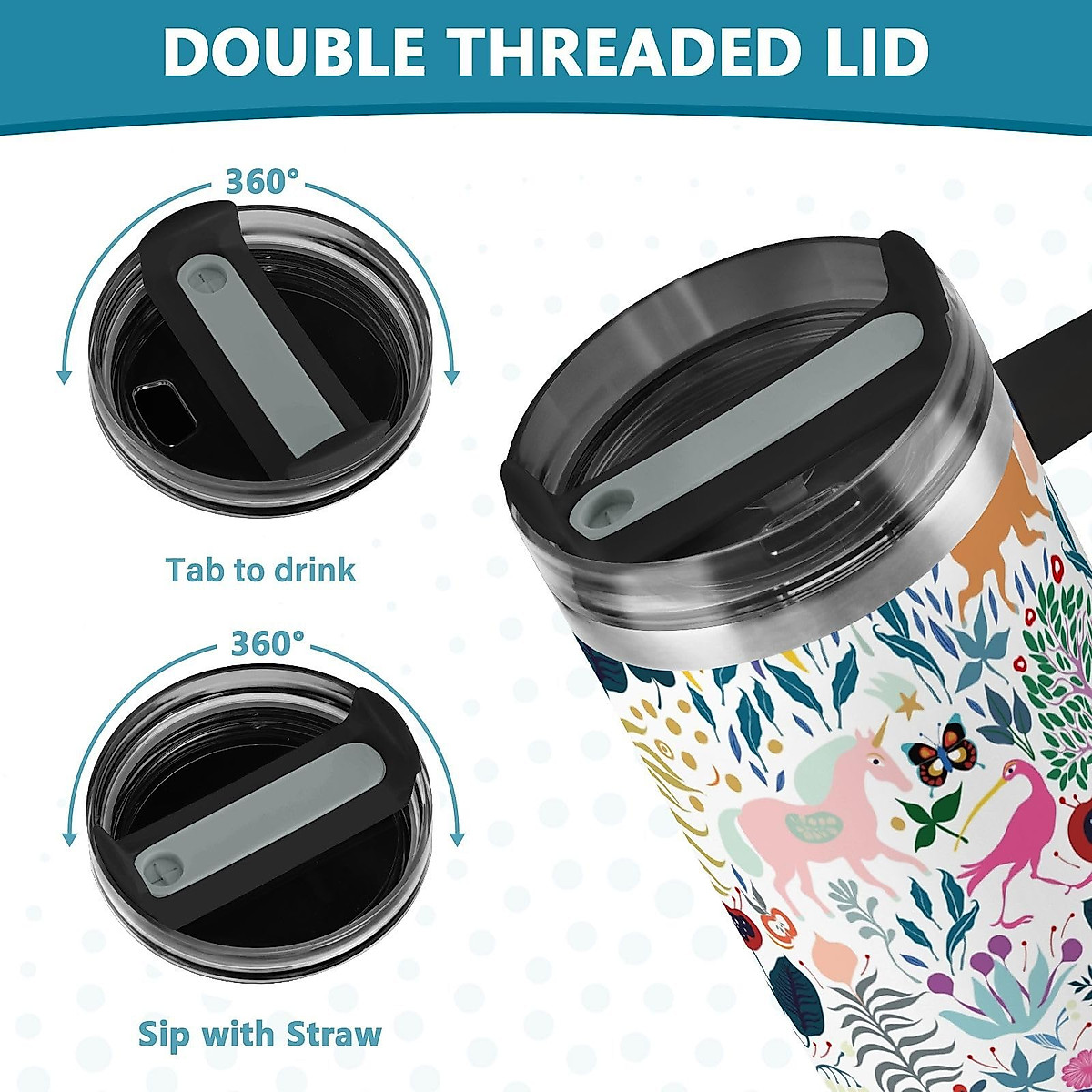 Yasala Car Tumbler with Handle Fairytale Forest Unicorn Travel Mug Coffee Cup Insulated Beverage Container Mega Cup for Hot Cold Drinking Thermos Water Bottle Cupholder Friendly 40 oz