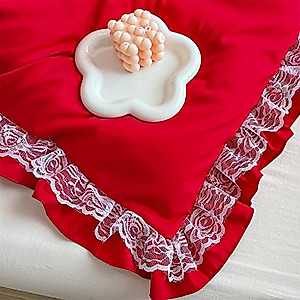 MOOWOO Chic Ruffle Lace Polyester Duvet Cover Set -Girl Red Bedding-3 Piece Full Duvet Cover with Zipper Closure -Ultra Soft and Light Weight (Red, Full Size)