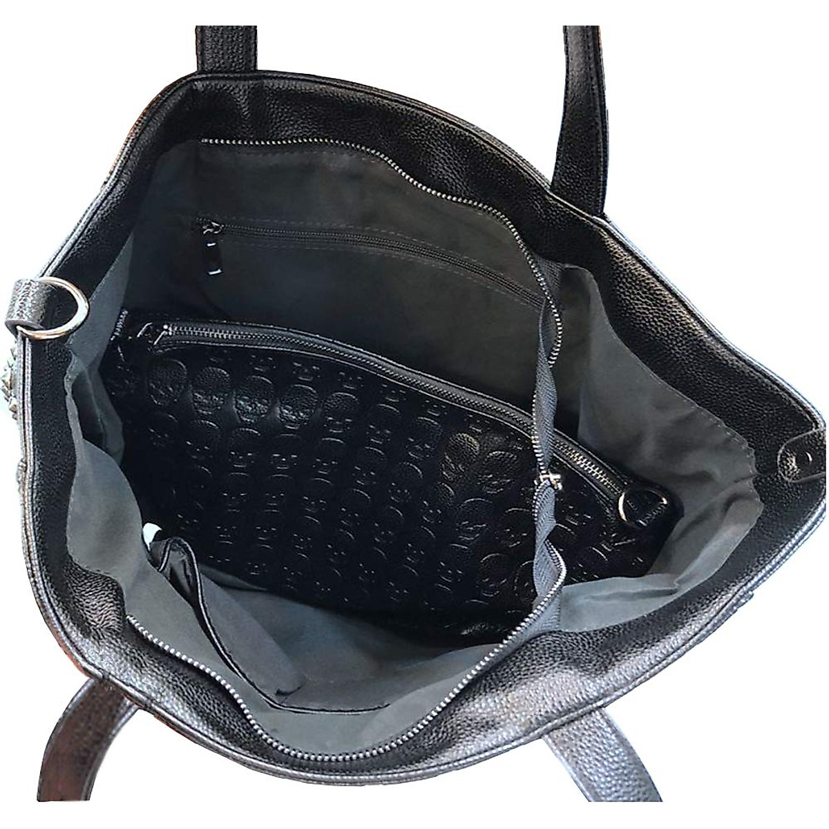 Womens Skull Print Hobo Tote Leather Shoulder Bag Punk Handbag and purses 2 sets (Big-Black-2-piece set)