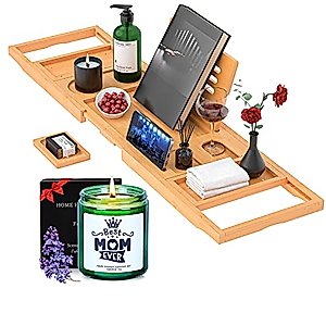 Bathtub Tray Caddy Bamboo 41" Longest Extended Length+ Gifts for Mom Lavender Scented Candles Bundle Green Jar