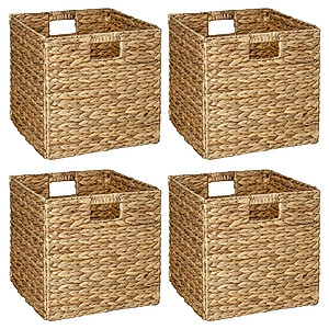 IsVie Woven Hyacinth Storage Baskets 4 Pack, Rectangle Storage Container Organizer Baskets with Built-in Handles Home Organizing Laundry Organizer Cube Baskets (Natural, Set of 4)