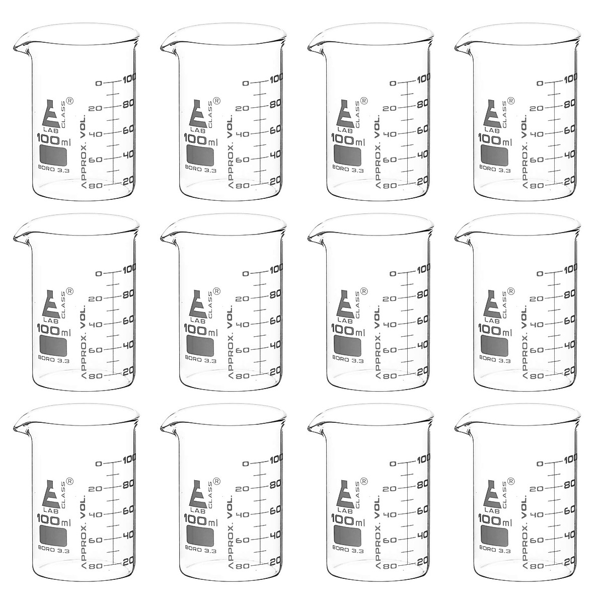 EISCO (Pack of 12) Beakers, 100ml - ASTM - Low Form with Spout - Dual Scale, White Graduations - Borosilicate 3.3 Glass