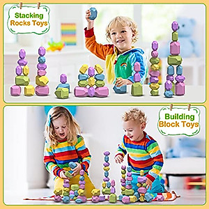 Rurvale Montessori Toys for 3 4 5 6 Years Old Boys and Girls,Wooden Stacking Blocks Rocks, Educational Learning Builing Blocks Sensory Toys for Kids Age 3-5, Preschool Gift
