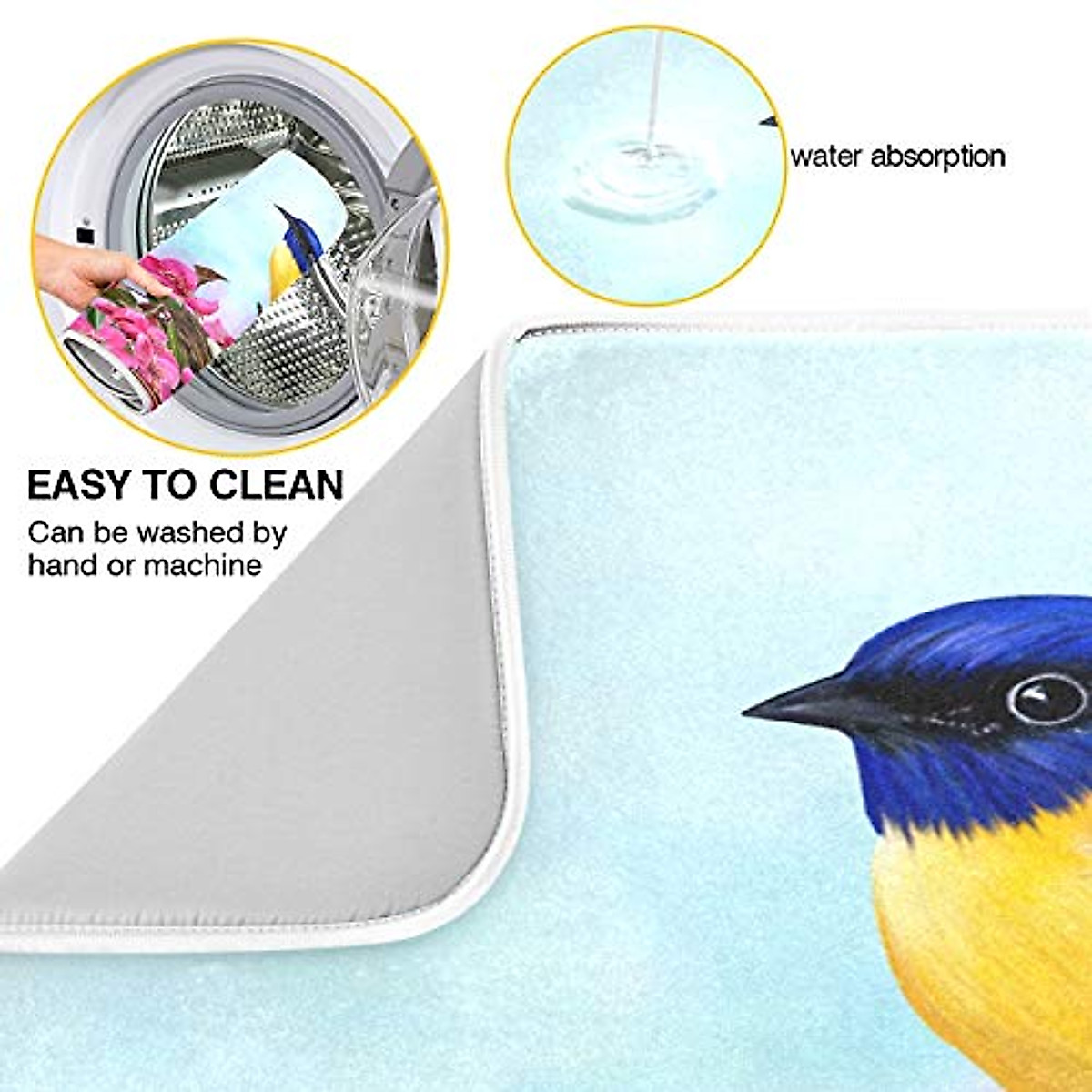 Animal Bird Flower Floral Dish Drying Mat 24"x18" Absorbent Machine Washable Hanging Fast Dry Pad Dish Protective Mat for Kitchen Countertop Heat Resistant Dinner Table Mat