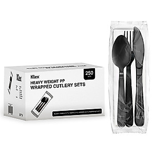 Klex 250 Individually Wrapped Disposable Utensil Sets with Heat Resistant, BPA Free Heavy Weight Fork, Spoon, Knife, and Napkin, Black, 250 Sets