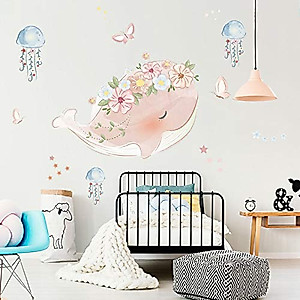 Bamsod Pink Whale Wall Sticker Underwater Animals Ocean DIY Wall Decal Marine Life Wall Stickers for Nursery Kids Playroom Home Decor