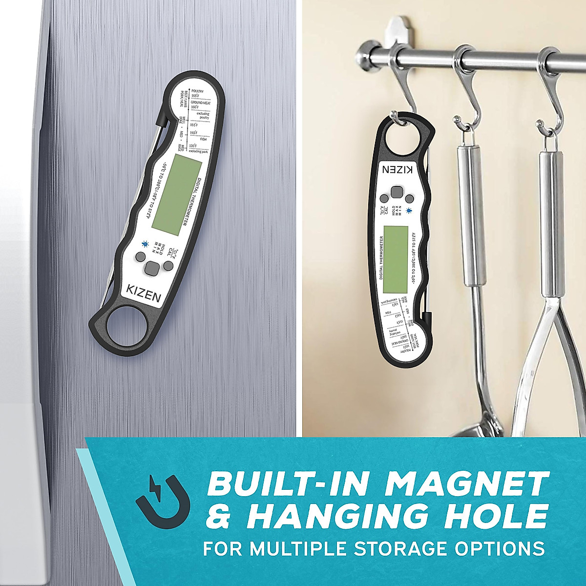 KIZEN Digital Meat Thermometer with Probe - Waterproof, Kitchen Instant Read Food Thermometer for Cooking, Baking, Liquids, Candy, Grilling BBQ & Air Fryer - Black/White