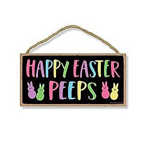 Honey Dew Gifts, Happy Easter Peeps, 10 inch by 5 inch, Made In USA, Wooden Signs, Signs For Wreath, Bunny Door Sign, Spring Easter Decorative Wood Sign, Rabbit Themed Decor, Easter Decorations