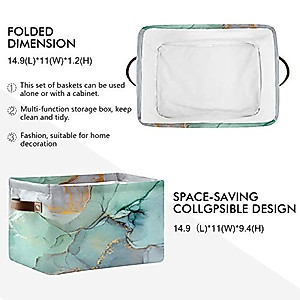MNSRUU Storage Basket Teal Colored Abstract Marble Collapsible Organizer Basket with PU Handles, Waterproof Nursery Laundry Basket，1 Pack