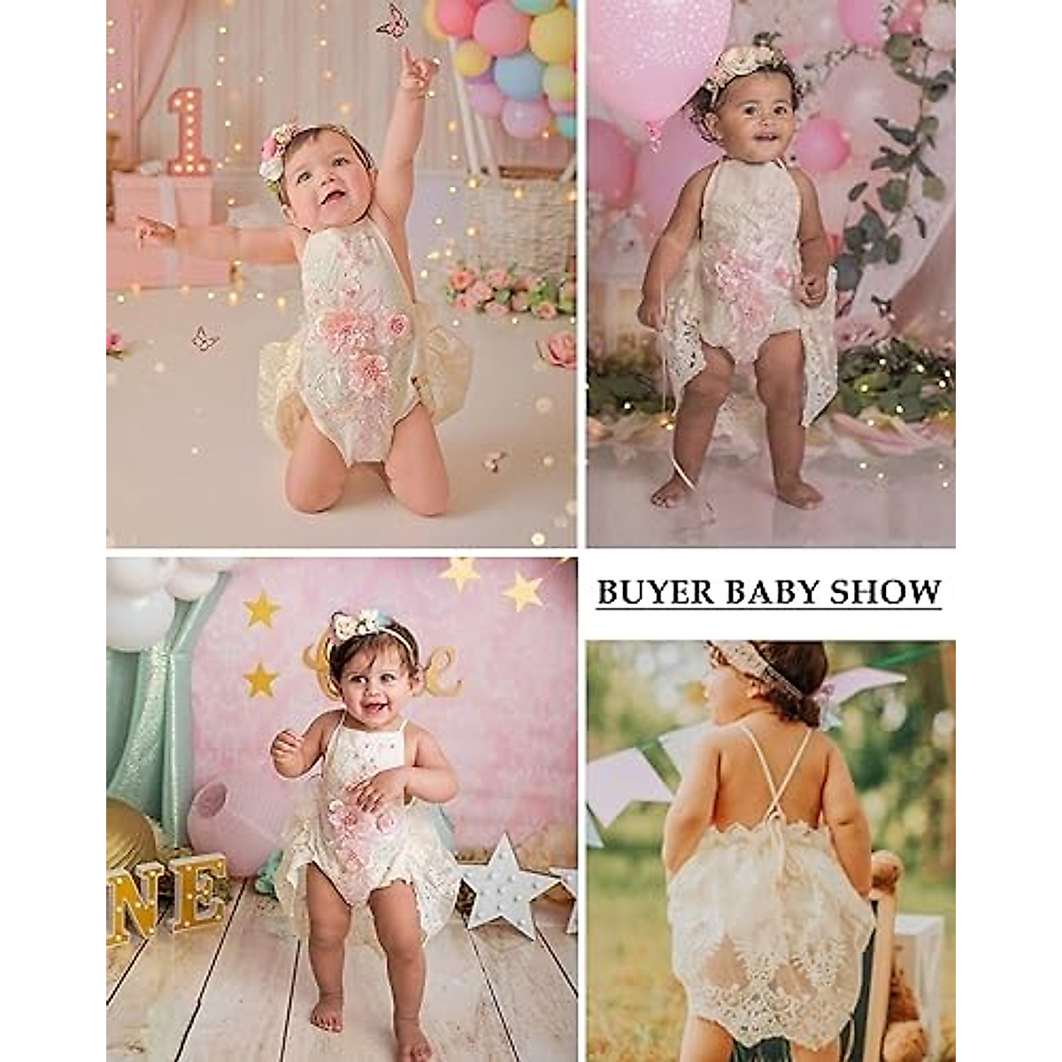 Easisim Newborn Infant Baby Girl Clothes Lace Embroidery Halter Backless Romper Jumpsuit Bodysuit Outfits (Beige,12-18 Months)