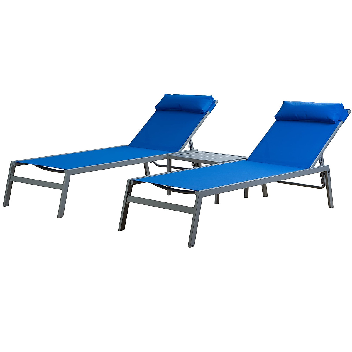 Kozyard Wilson 3 Pieces Textilene Chaise Lounge Set with Side Table Outdoor,Adjustable Back & Pillow for Yard,Garden,Sunbathing (2 Pack) (Blue W/Table)