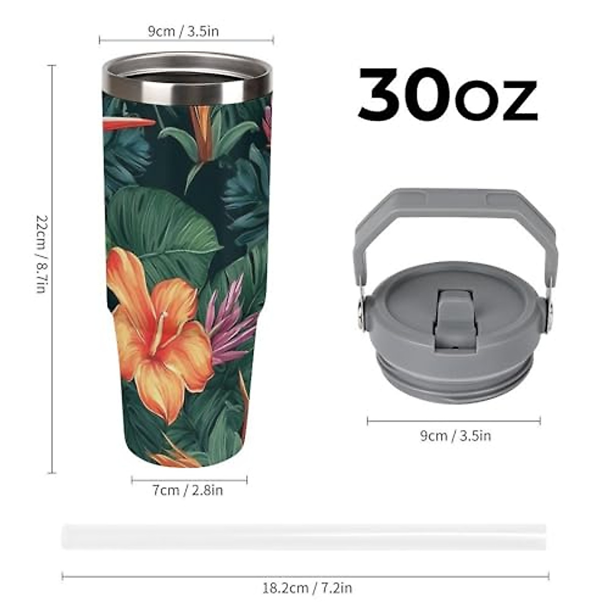 BWQJKUO Large Capacity Car Cup 30 Oz Stainless Steel Tropical Plant Bird Flowers Printed Travel Mug Leak-proof Flip Straw Tumbler with Handle,keeps Cold Or Ho