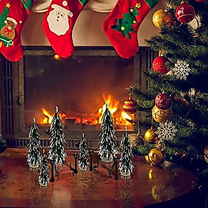 13 Pieces Mini Artificial Christmas Tree Set with Christmas Village Houses 4 Pieces Xmas Street Lamp Post and 2 Pieces Miniature Park Bench Seat for Christmas Table Top Decor