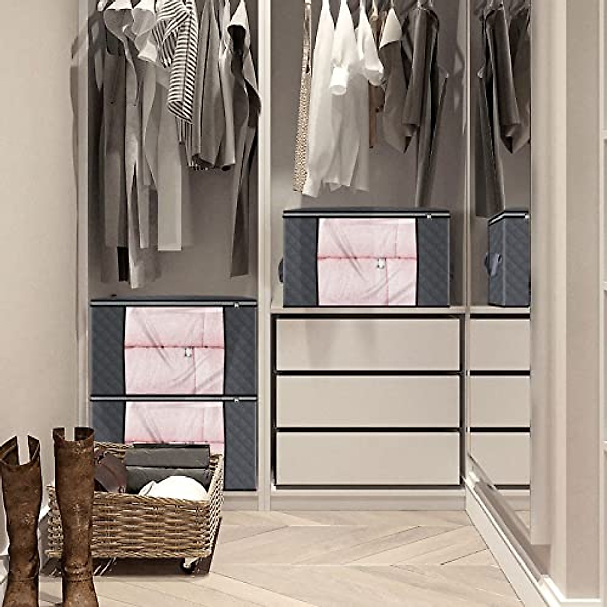 WISTOLL Large Storage Bag, Collapsible Storage Bag for organizing Bedroom Storage containers, Thick Fabric with Reinforced Handles for Quilts, Blankets, Bedding, Clothing,6P