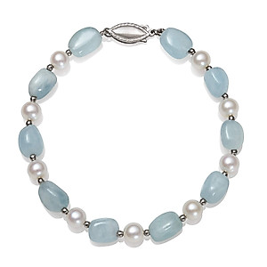 Sterling Silver Natural Aquamarine and Cultured Freshwater Pearl Strand Bracelet, 7.5"