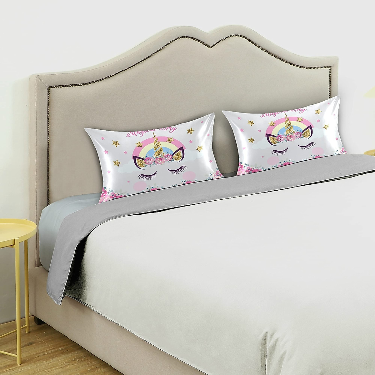 Dalzium Cute Unicorn Girl Print Satin Pillowcase for Hair and Skin, Unicorn and Pink Flowers Silk Pillow Case with Envelope Closure, Standard Size 20x26 inches, White, 1 PC