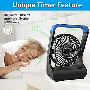 Battery Operated Fan, Camping Fan Battery Powered, Super Long Lasting, Portable D-Cell Battery Powered Desk Fan with Timer, 3 Speeds, Quiet, 180° Rotation, for Office,Bedroom,Outdoor, 5'', Blue