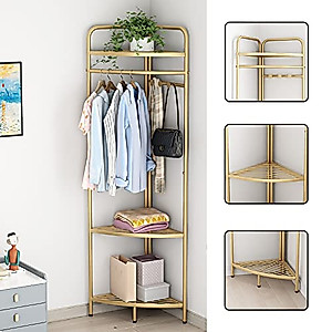 DOORXIFO Corner Gold Clothing Racks Freestanding, Gold Metal Coat Racks with Hooks, Heavy Duty Modern Clothes Rack with 3 Tier Storage Shelves for Home,Bedroom,Living Room