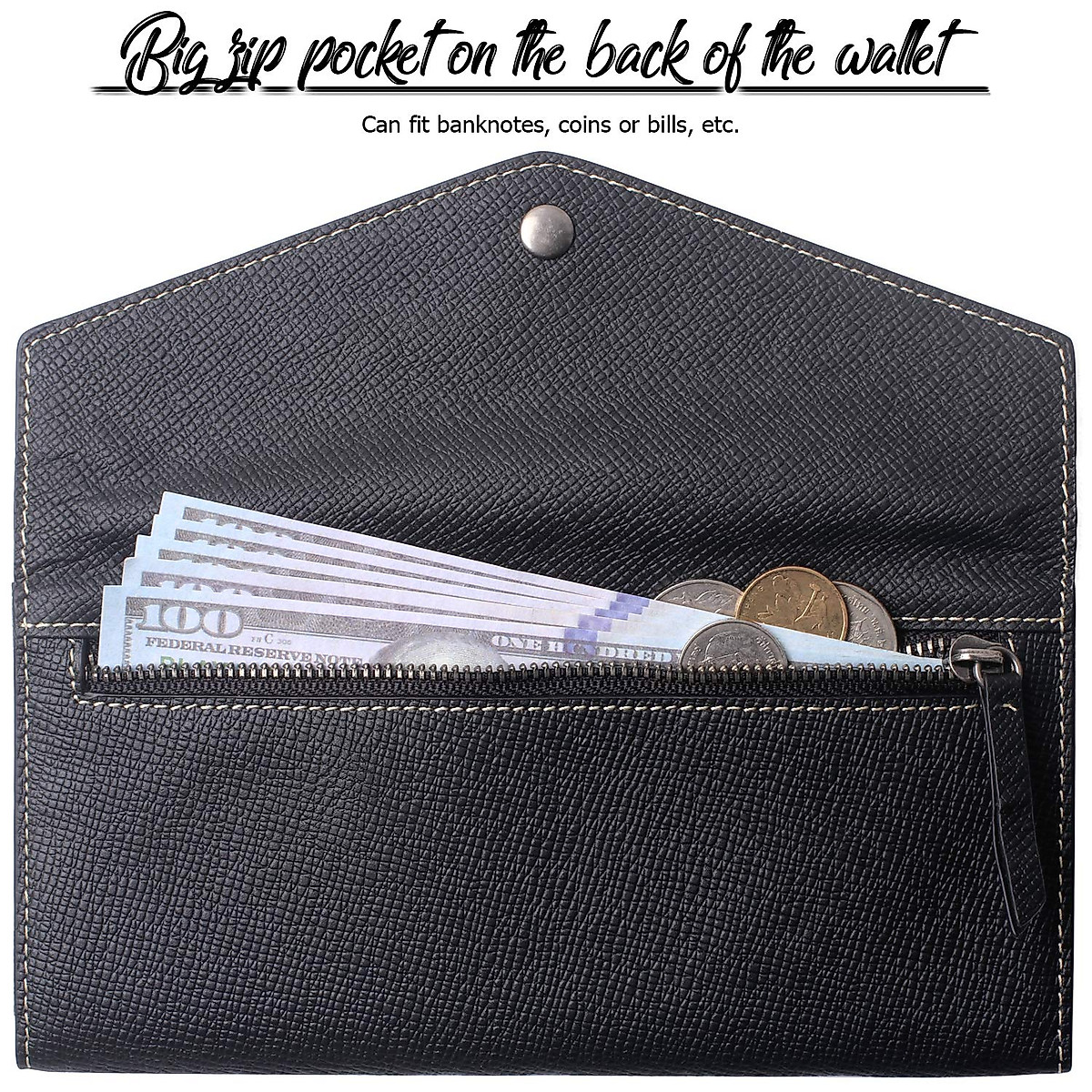 Borgasets Women's Wallet Leather RFID Ultra Thin Envelope Purse Travel Clutch with ID Card Holder and Phone Pocket (Crosshatch Black)