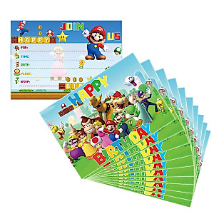 NF 24PCS Mario Birthday Party Invitations card, Video game party supplies，Super Bro Party Supplies for Kids