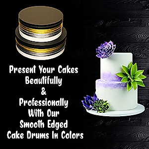 YAARA - 8 Pack 12 Inch Cake Drums in 4 Colors, Black Gold Silver & White Drums. 1/2 Inch Thick with Smooth Edge. Cake boards and its Reusable. Bases Para Pasteles
