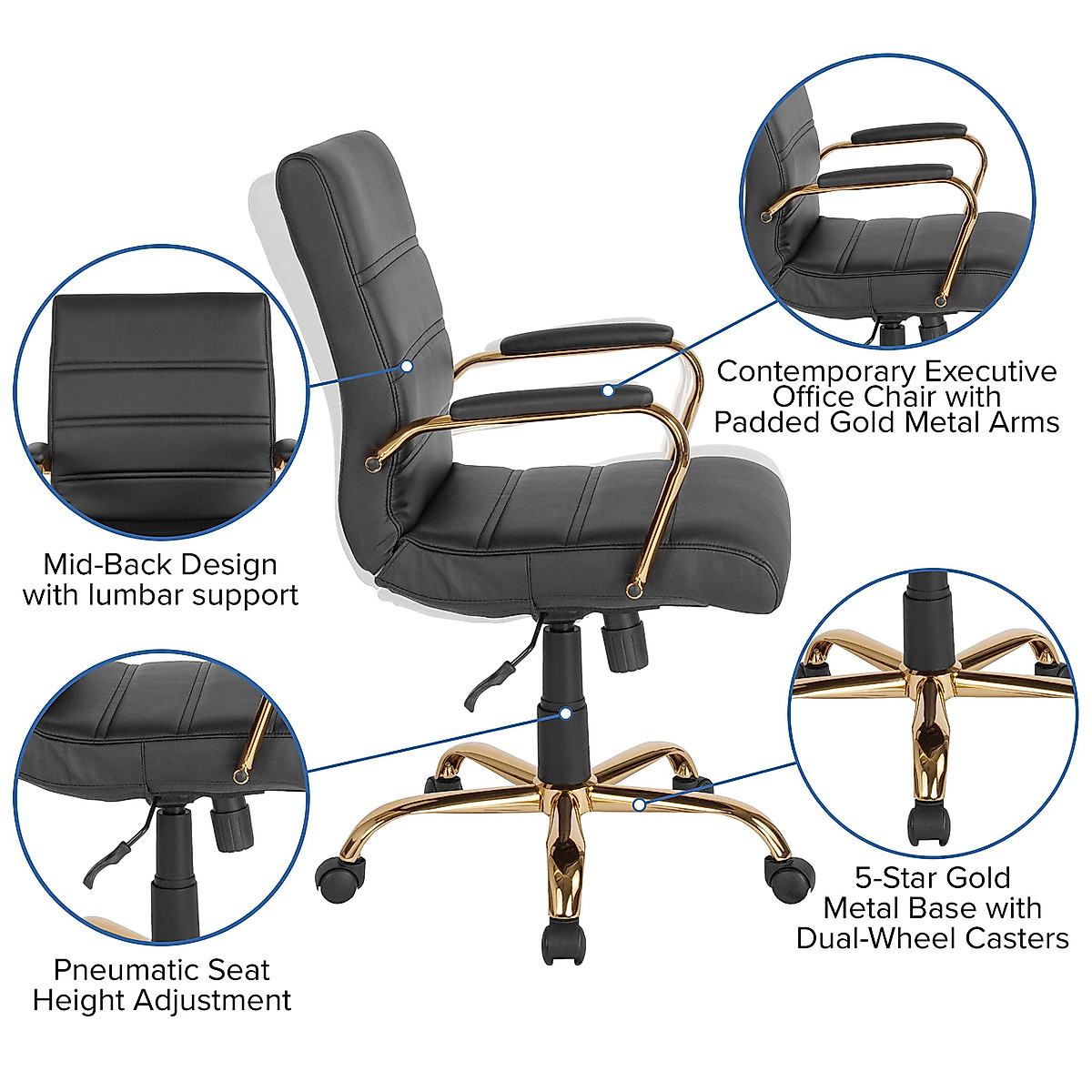 Merrick Lane Milano Contemporary Mid-Back Black Faux Leather Home Office Chair with Padded Gold Arms