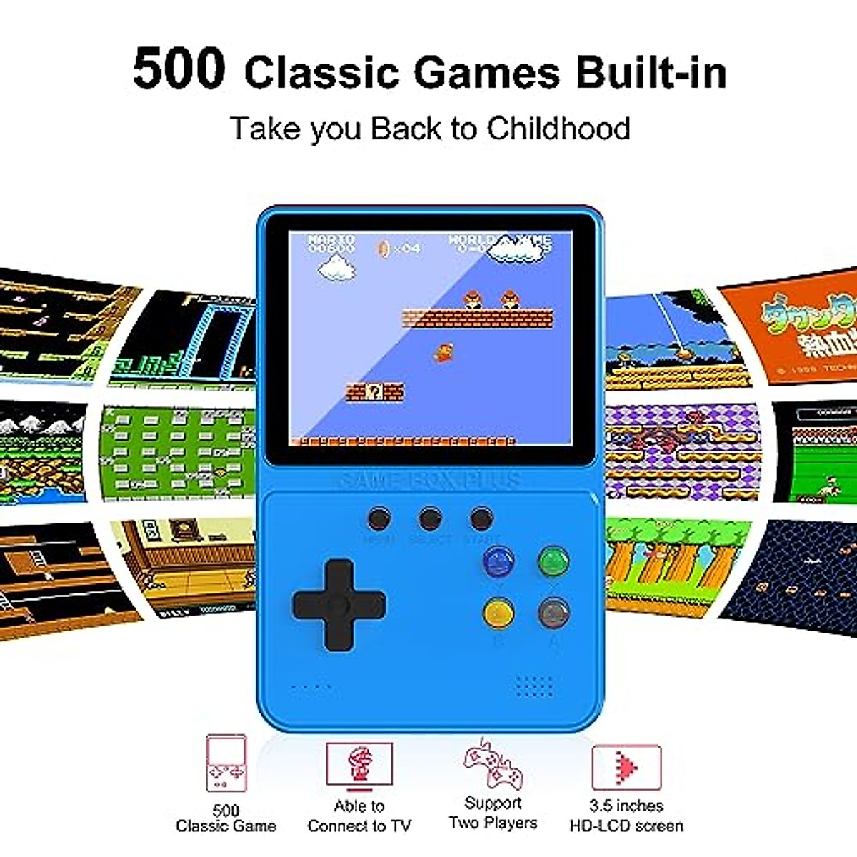 Heiko Retro Portable Handheld Game Console to Experience 500 Classic Games Anytime Anywhere, 3.5In Screen Video Game Console 1200mAh, Handheld Video Game Support for Connecting TV & Two Players(Blue)