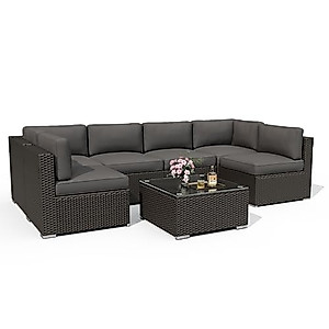 Incbruce 7 Piece Outdoor Patio Furniture Set All-Weather Sectional Sofa Outside Couch, Manual Weaving PE Wicker Rattan Conversation Set with Glass Top Table and Removable Cushions (Gray)