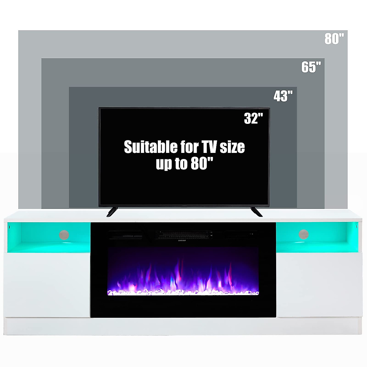 AMERLIFE TV Stand with Fireplace, LED Light Entertainment Center with 36" Electric Fireplace, 70" Modern Wood Entertainment Stand with Highlight Storage Cabinet for TVs up to 80", White & Black