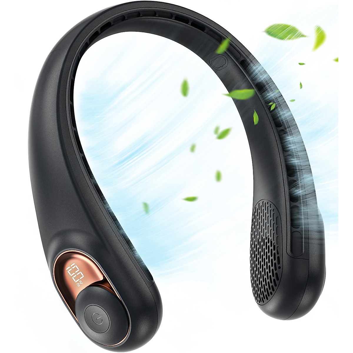 JIAGE Neck Fan, Portable Neck Fan Rechargeable, 5200mAh Battery Operated, LED Display, 360-Degree Cooling, 3 Speeds, Quite, Bladeless Design Neck Fans, Personal Neck Cooler, Black