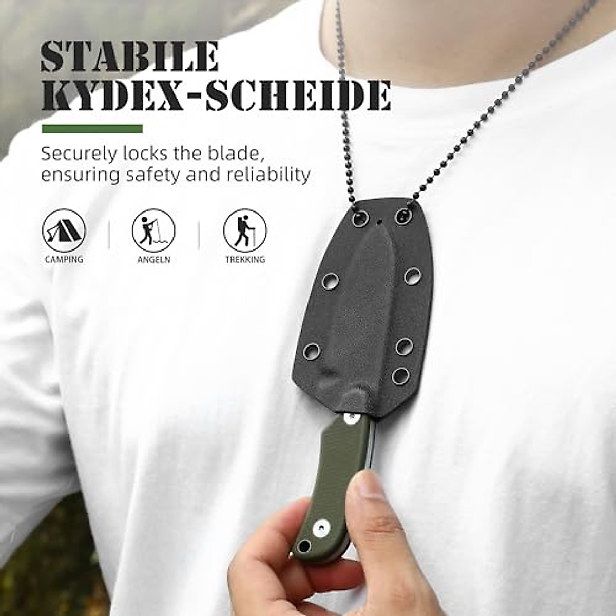 Omesio Neck Knife, Full Tang EDC Knife Necklace for Men, 5.82" Fixed Blade Knife with Kydex Sheath and Clip, Nessmuk Blade Small Knife D2 Steel G10 Handle for Outdoor, Survival, Camping