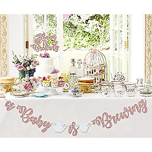 Rose Gold A Baby Is Brewing Banner With Teapot Teacups Pre-strung & A Baby Is Brewing Cake Topper for Tea Themed Baby Shower