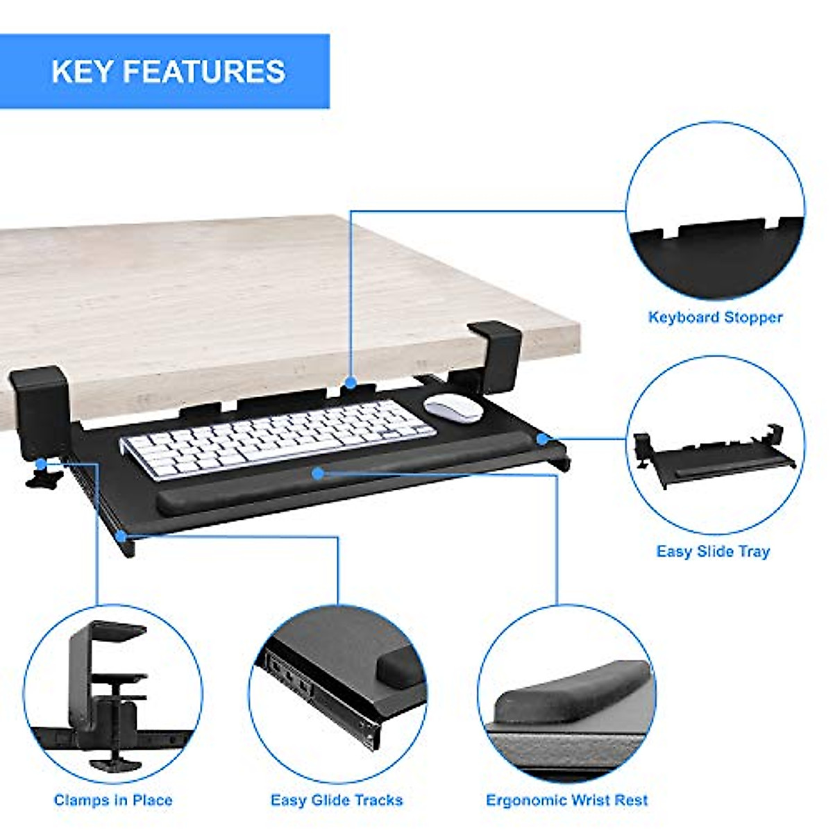 Laboratory 29 Preassembled Keyboard Tray – Adjustable Keyboard Tray Under Desk Slide Out – Easy Clamp-On Installation for Desks 33” or Wider – Wrist Rest Included (Black)
