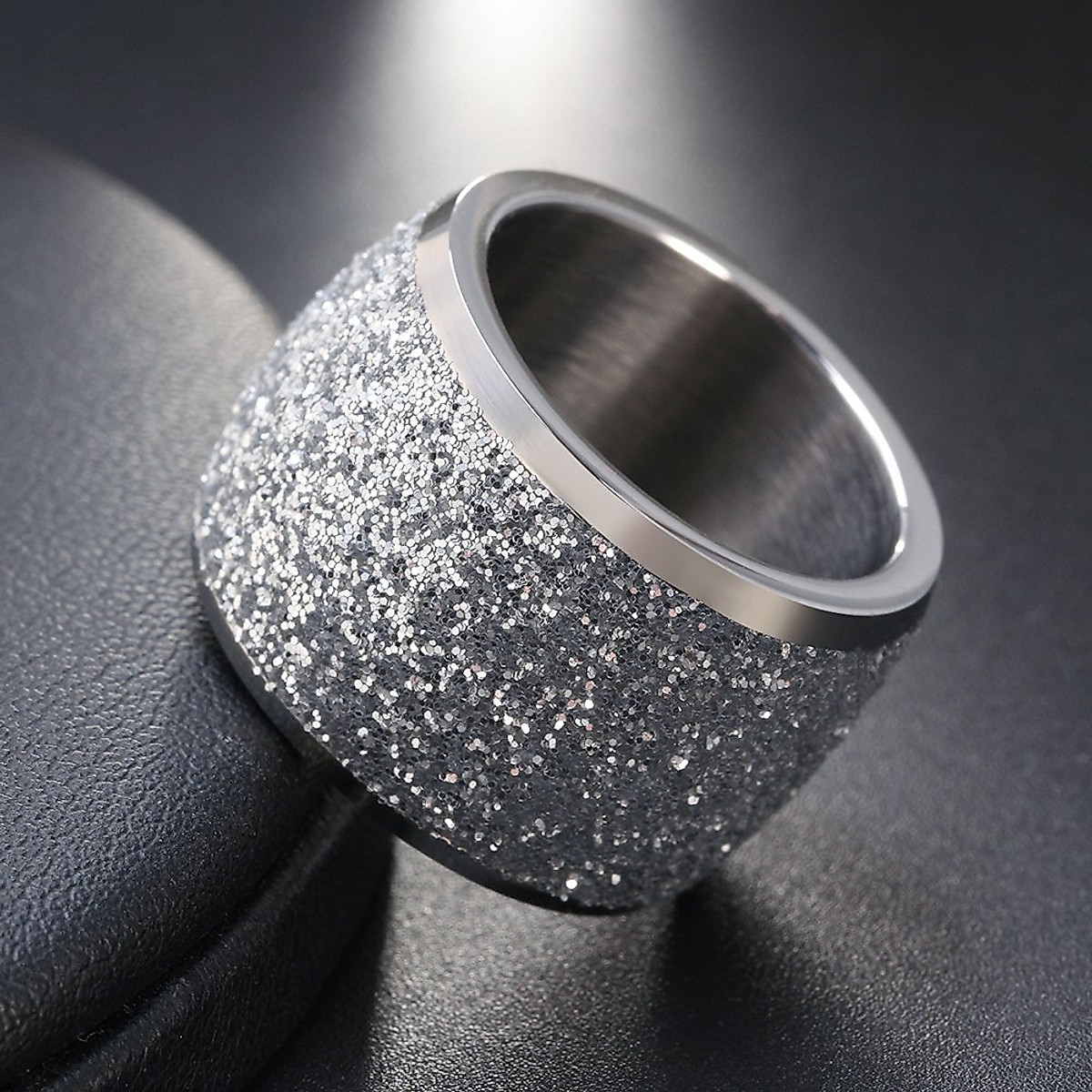 INRENG Women's Stainless Steel Ring Shiny Sequins Pave Sandblast Wide Wedding Band Silver Size 9