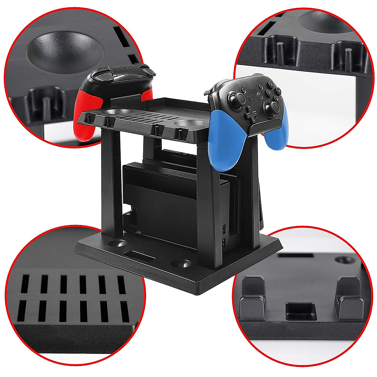 INFURIDER Multifunctional Storage Stand for Nintendo Switch Tower Holder Bracket for Nintendo Switch Dock Joy-Con Grip 2 Pro Controllers 2 Joy-Con Straps 4 Joy-Cons 12 Game Cards and 2 Poke Balls