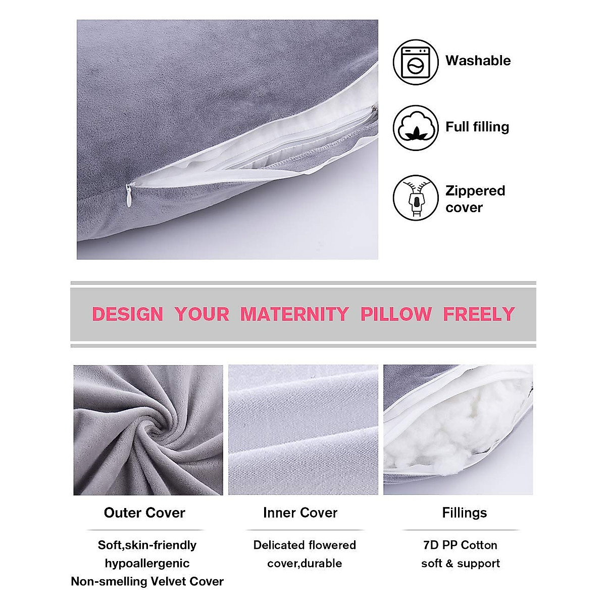 AS AWESLING Pregnancy Pillow, U Shaped Full Body Pillow, Nursing, Support and Maternity Pillow for Pregnant Women with Removable Velvet Cover (Grey)