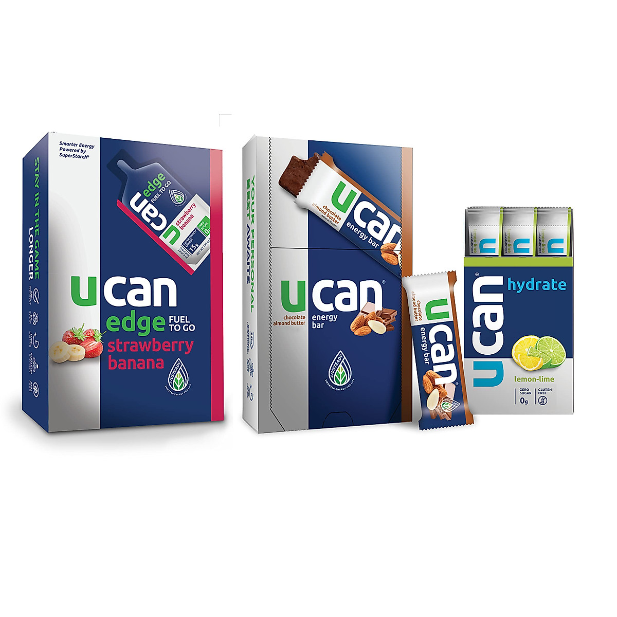 UCAN Strawberry Banana Edge, Chocolate Almond Bars, & Lemon Lime Hydrate - Sugar Free Pre Workout Powder for Men & Women Bundle - No Added Sugar, Soy-Free, Non-GMO, Vegan, Gluten-Free, & Keto-Friendly