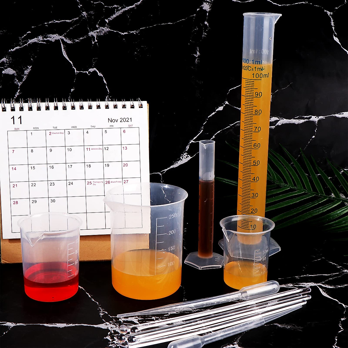 23Pcs Plastic Graduated Cylinders Beakers Set- 6 Clear Plastic Graduated Cylinders 25/50/100/250/500/1000ml, 4 Plastic Beakers 10/25/50/100ml with 8 Plastic Droppers and 5 Stirring Rod