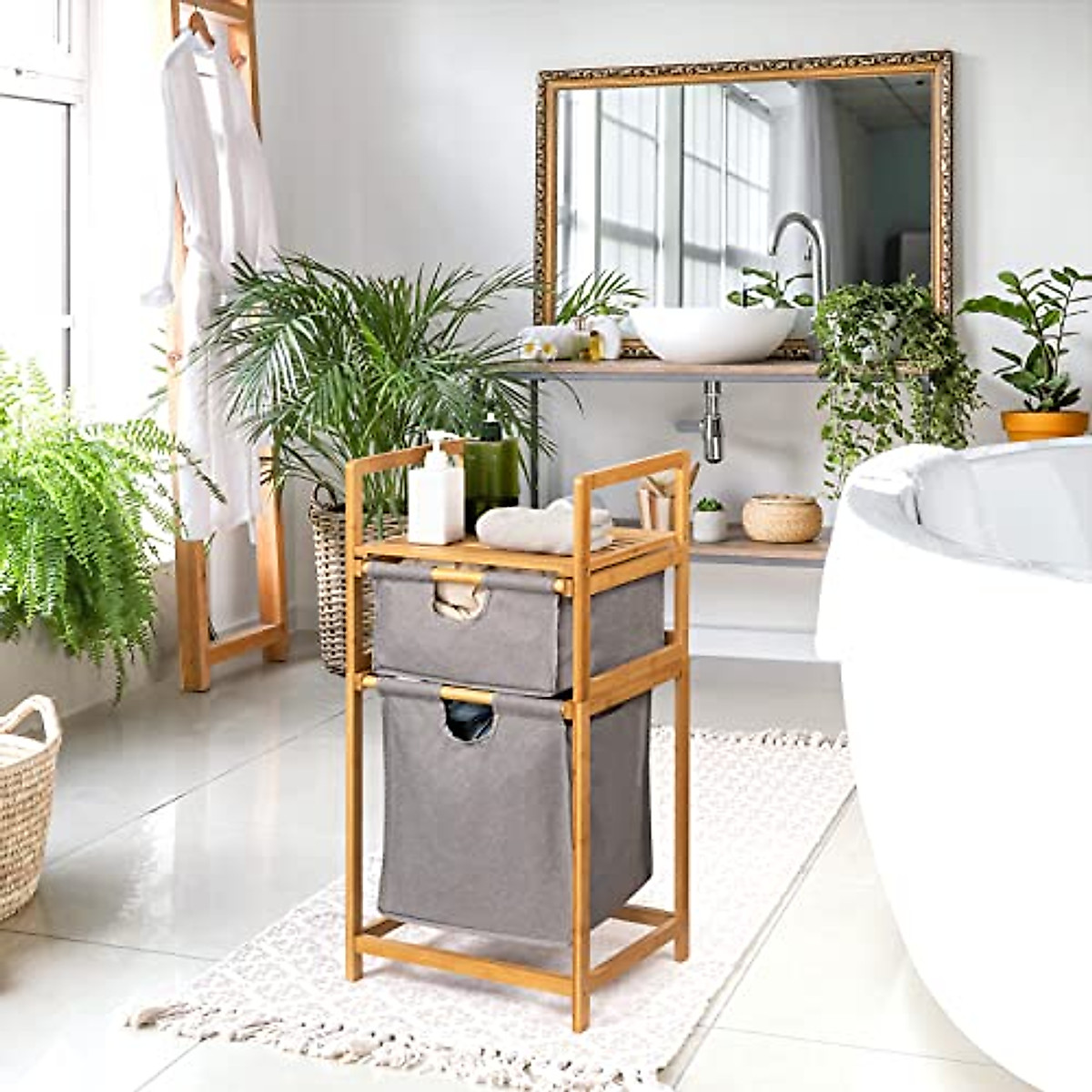 ALIMORDEN Natural Bamboo Freestanding Laundry Storage Basket, Household Laundry Basket with Bamboo Shelf, Laundry Storage Rack Dormitory, Gray