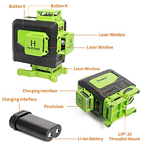 Laser Level Self-leveling Huepar 4x360 Green Cross Line Floor Laser Tool with Remote Control -2 x 360 Horizontal/Vertical Lines Nivel láser with Rechargeable Li-ion Battery & magnetic Bracket-904DG